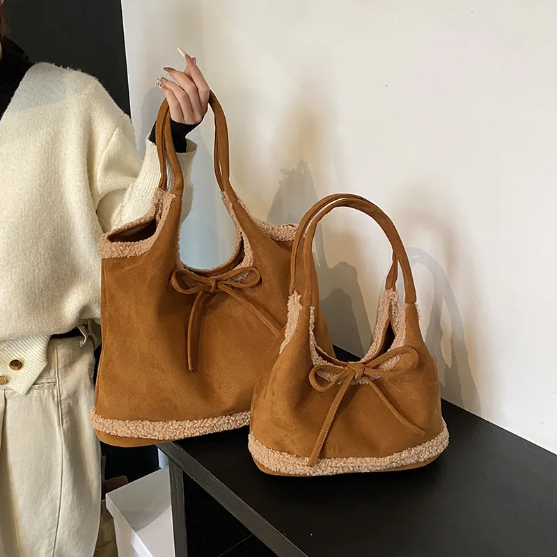 Designer Lamb Wool Tote Bag with Bowknot - Casual Shoulder Bag, Large ...
