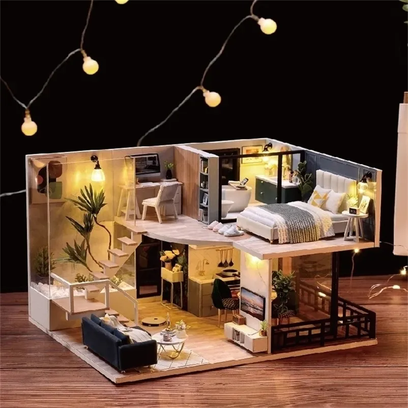 Modern DIY Wooden Doll House Mini Kit With Furniture, LED Lights, And ...