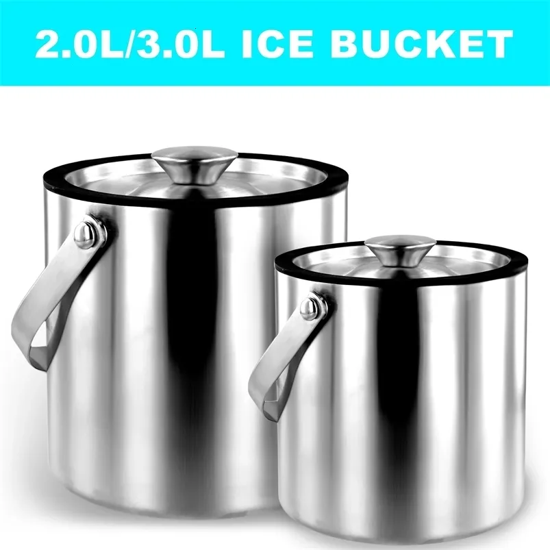 Ice Bucket with Lid, Strainer, and Tong - Double Walled Stainless Steel ...