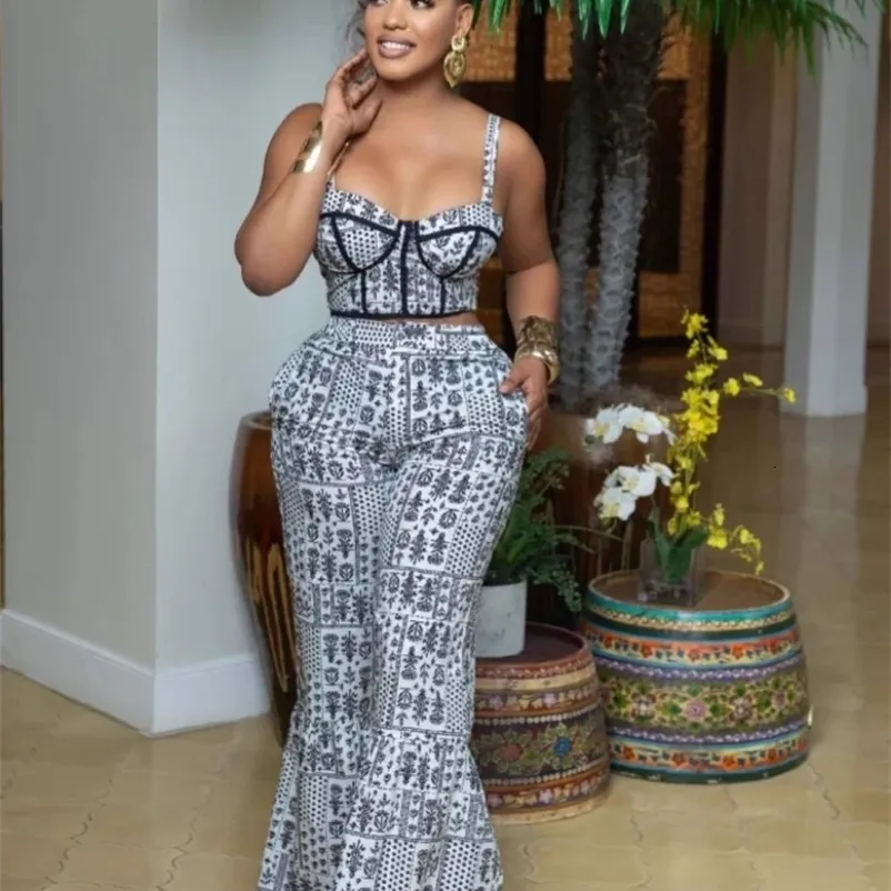 CMYAYA Women's Set: Print Strapless Bra Top and Flare Pants Suit ...