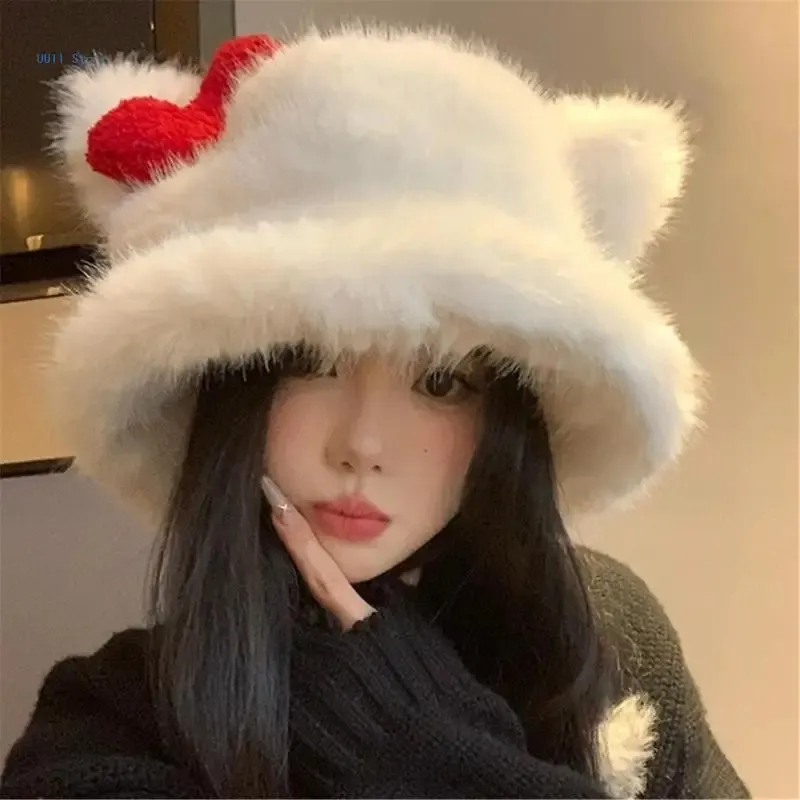Furry Cat Ear Bucket Hat, Trendy Warm Winter Plush Bucket Hat for Women ...