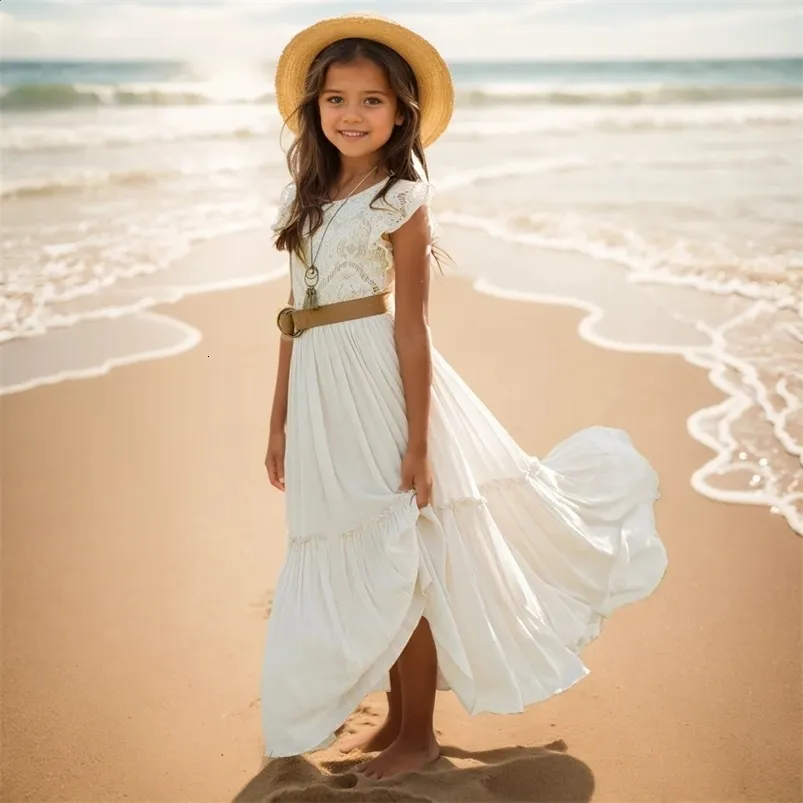 3-14 Year Old Girl's Lace Bohemian Long Dress Floral Wedding Princess ...