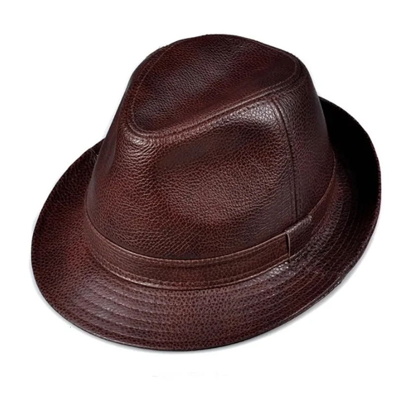 Man High Quality Genuine Leather Jazz Fedora Gentleman Cow Skin Short ...