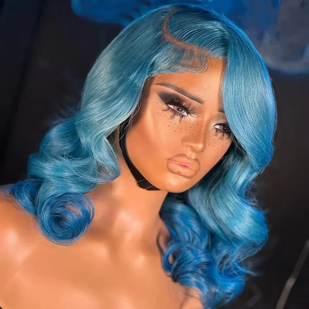 Blue Bob Wig 13x4 HD Lace Frontal Human Hair Wig Body Wave Transparent ...