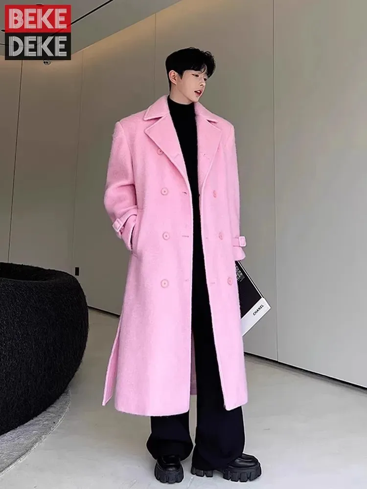 Autumn Winter Thicken Double Breasted Pink Woolen Long Coat Men's Solid ...