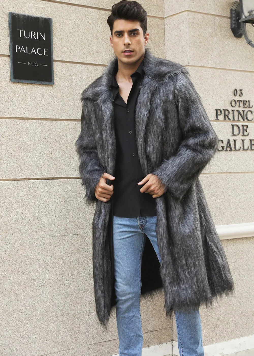 High-Quality Fur Jacket for Men, Lapel Warm Trench Coat, Faux Soft Mid ...