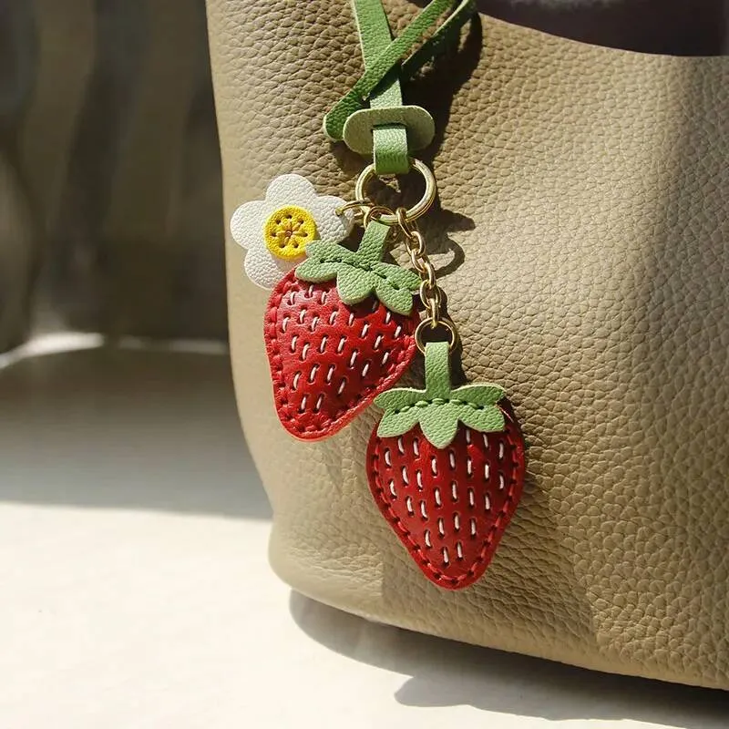 Cute Strawberry Handmade Leather Strawberry Keychain For Car Rearview ...