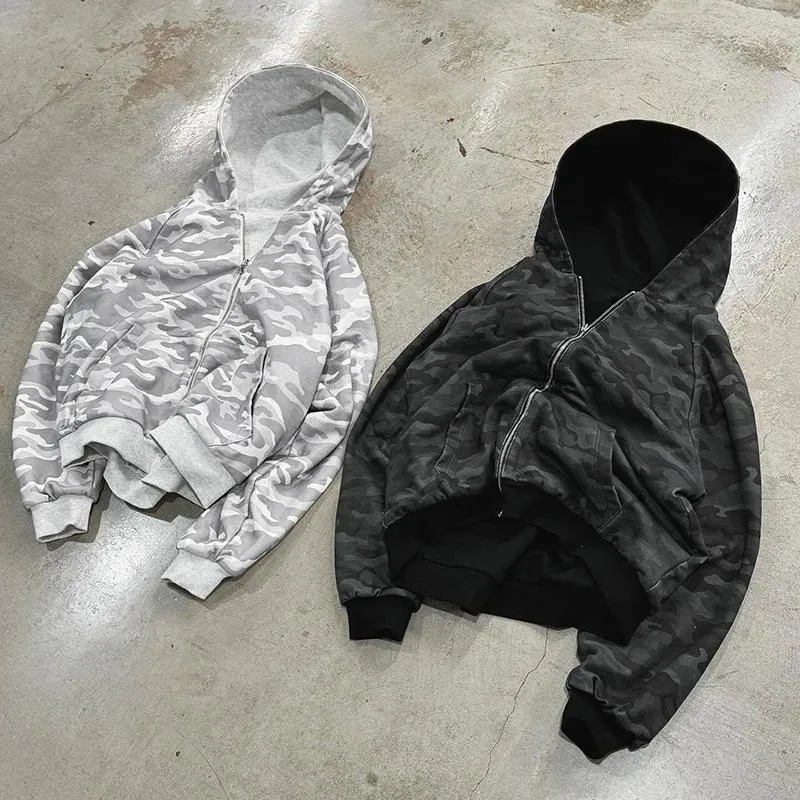 Men's Camouflage Retro Hoodie Coat, Autumn Winter Zipper Two-Sided ...