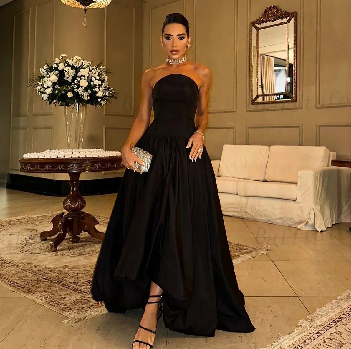 Black Strapless Satin Evening Gown with Square Neckline and Sweep Train ...