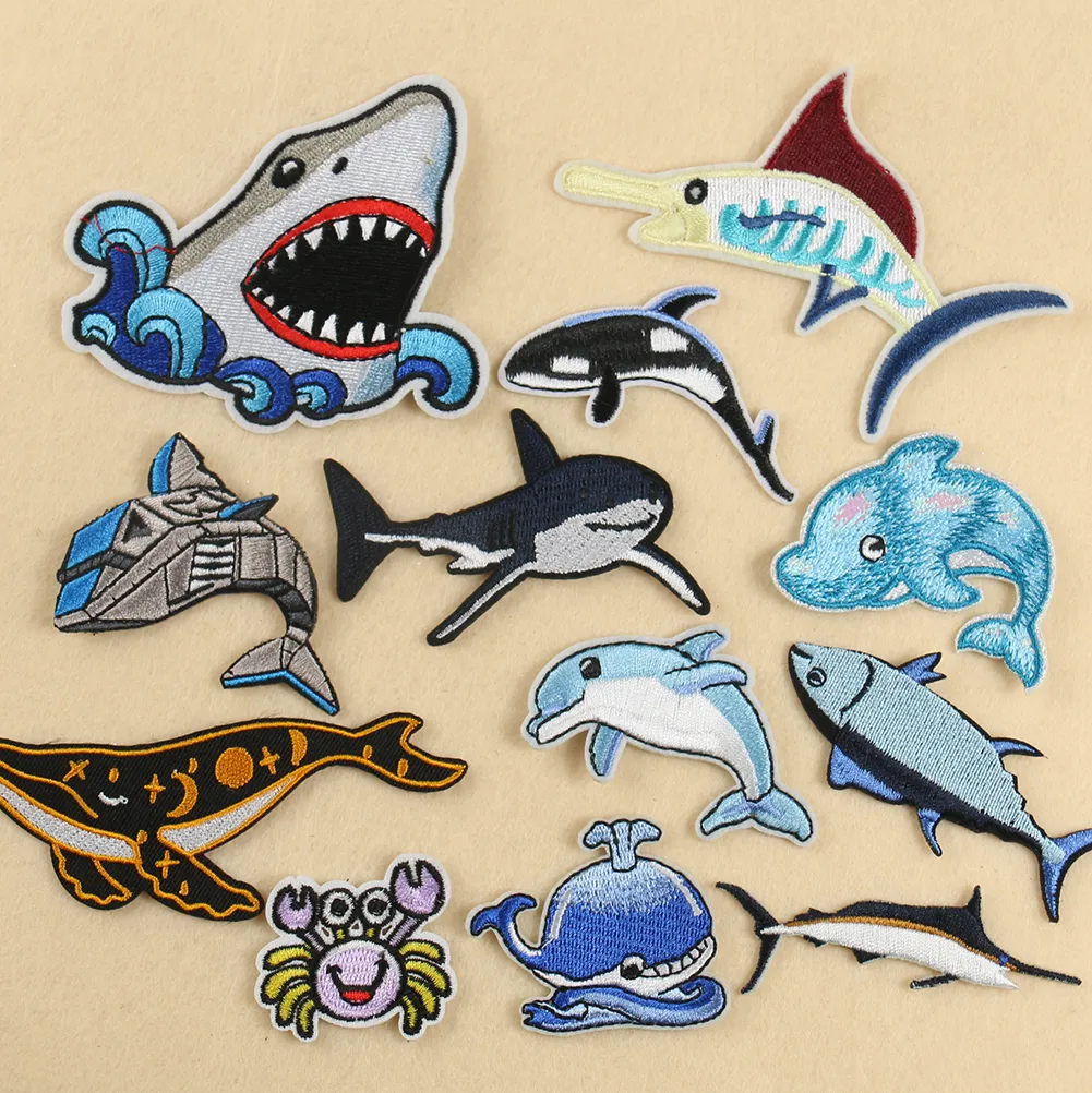 Iron-On Embroidered Animal Patches - Shark, Dolphin, Crab - 1 Pack ...