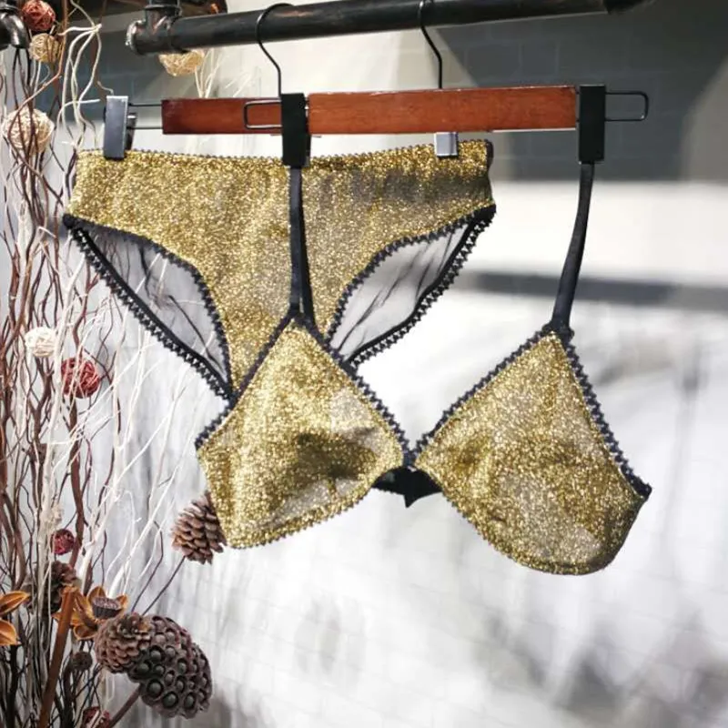 Ultra-Thin Triangle Cup Bra & Underwear Set - Gold & Silver - Sexy ...