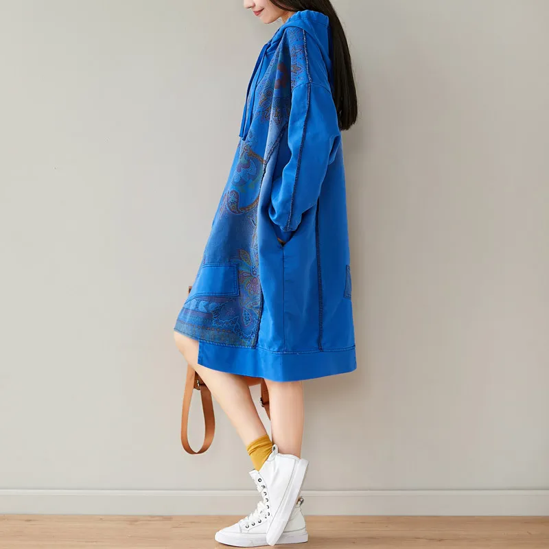 Women's Long Cotton Hoodie Dress - Retro Print, Loose Batwing Sleeve ...
