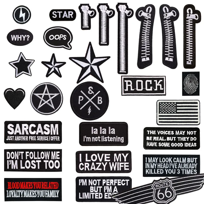 Embroidered Black And White Letter Slogan Zipper Biker Patches With ...