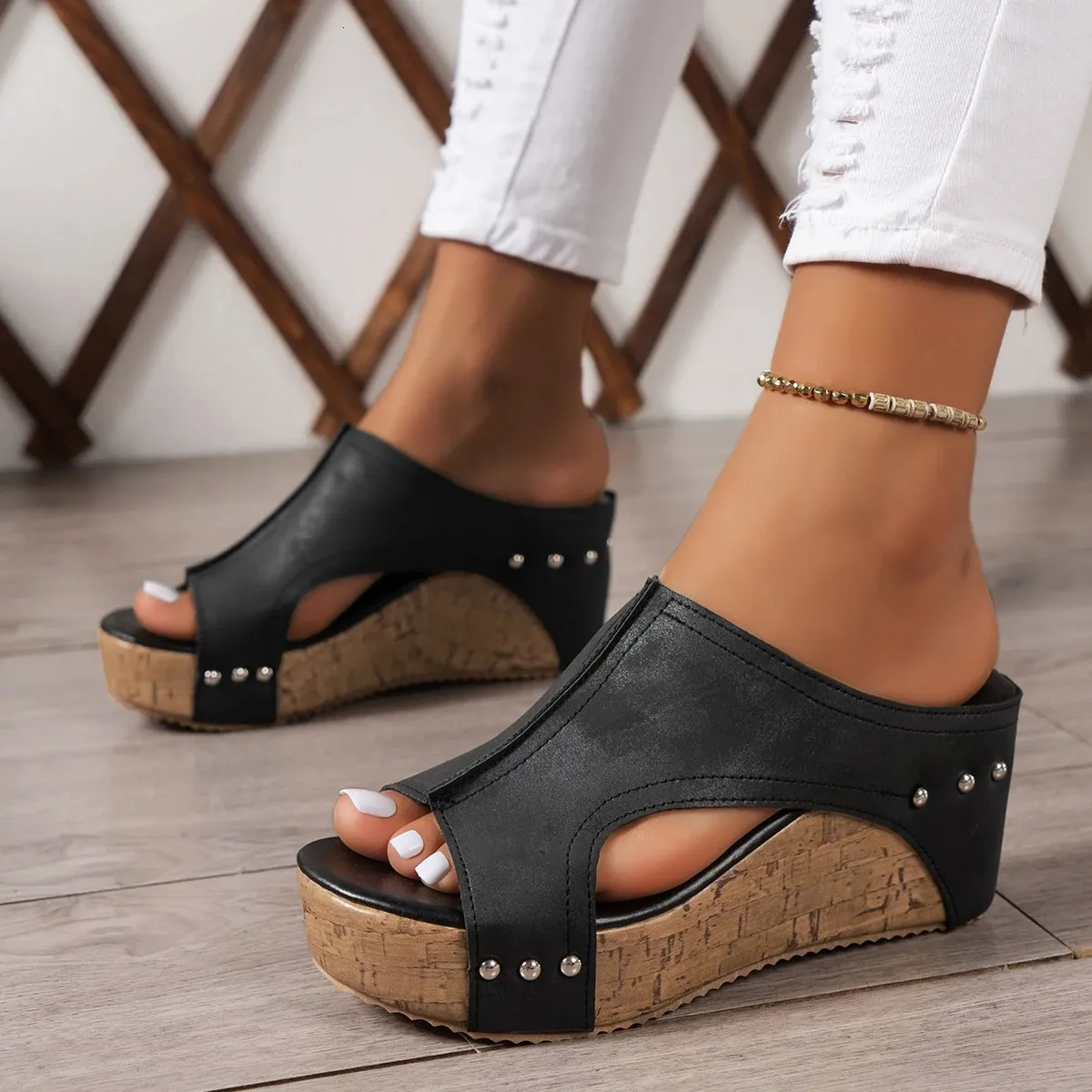 Women Peep Toe Sandals Ankle Strap Wedge Shoes with Hook & Loop Closure ...