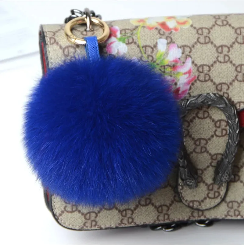 13cm Fluffy Real Fox Fur Ball Pom Pom Keychain Leather Tag Metal Ring ...
