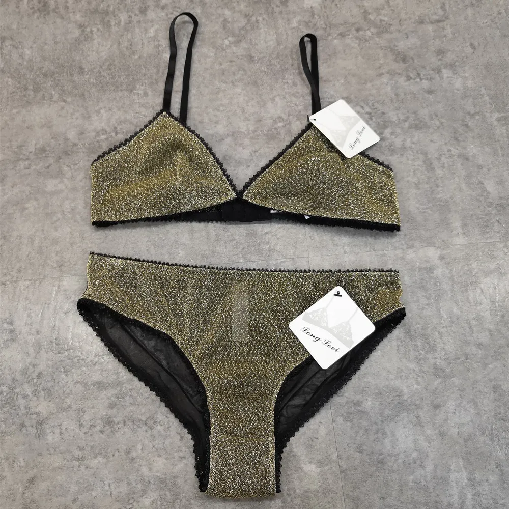 Ultra-Thin Triangle Cup Bra & Underwear Set - Gold & Silver - Sexy ...