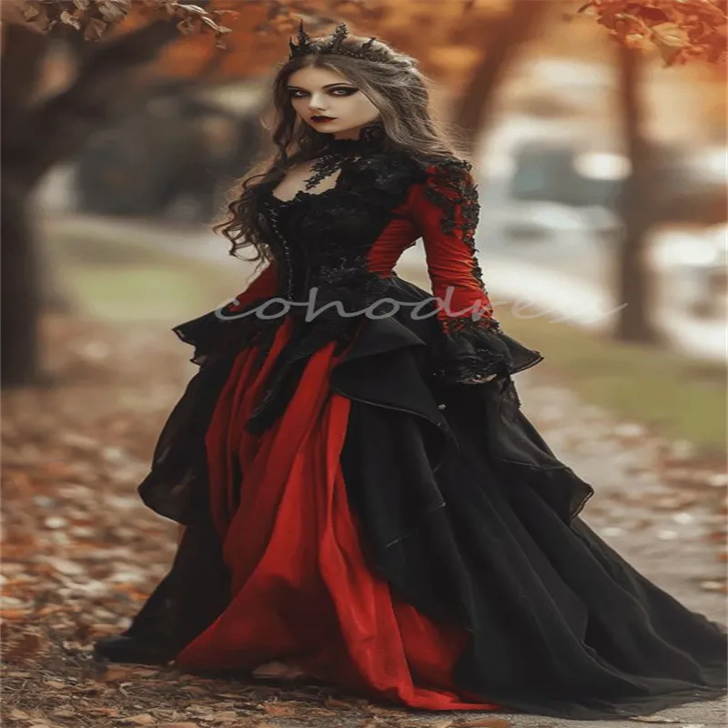 Victorian Gothic Renaissance Black And Red Vampire Prom Dress With Long ...