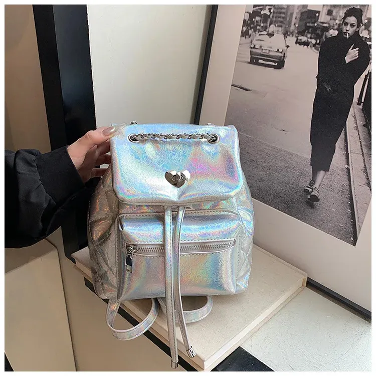 Laser Shiny Patent Leather Womens Backpack Casual Chain Drawstring ...
