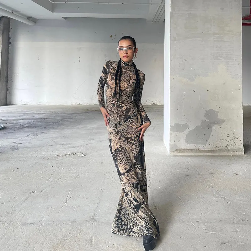 Fish Print Mesh Maxi Embellished Maxi Dress For Women Long Sleeve ...