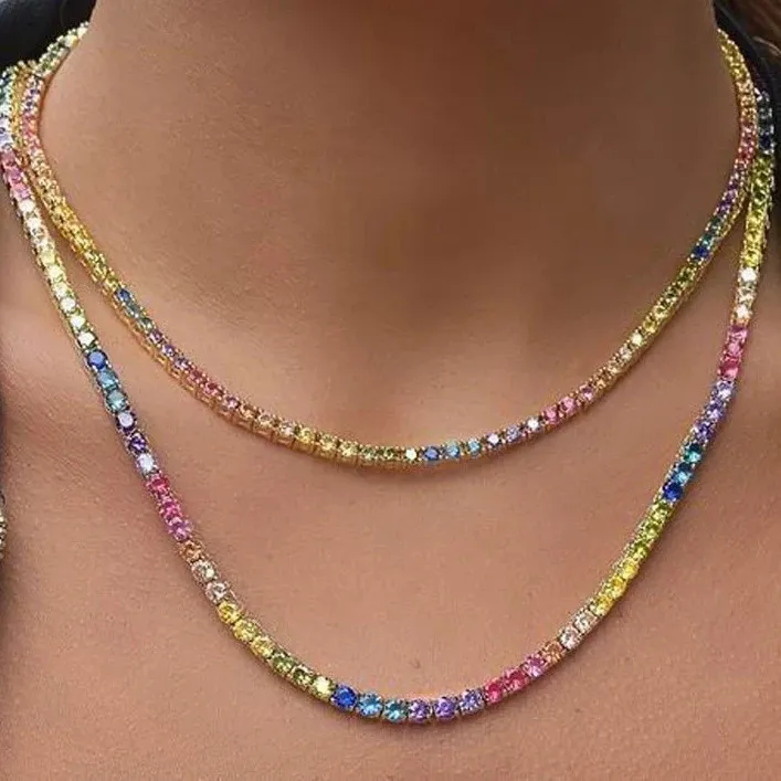 High Quality Rainbow Full 4mm Cz Paved Tennis Chain Choker Necklaces ...