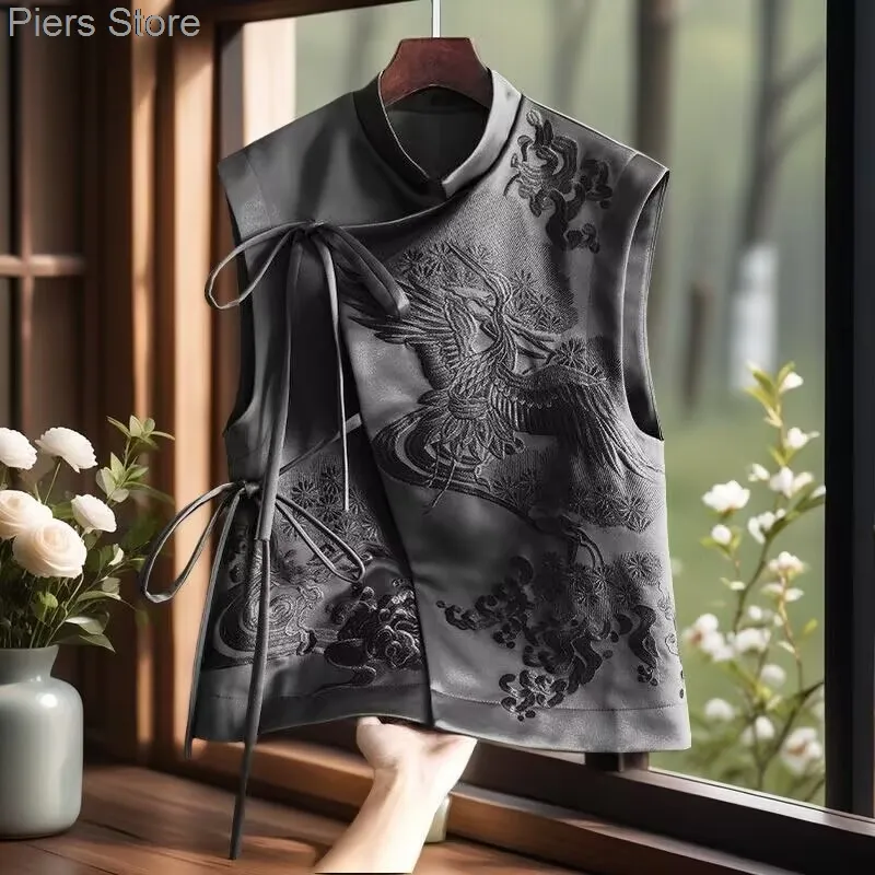 New Vintage Ethnic Vest Tops Chinese Style Printed Hanfu Blouses For ...