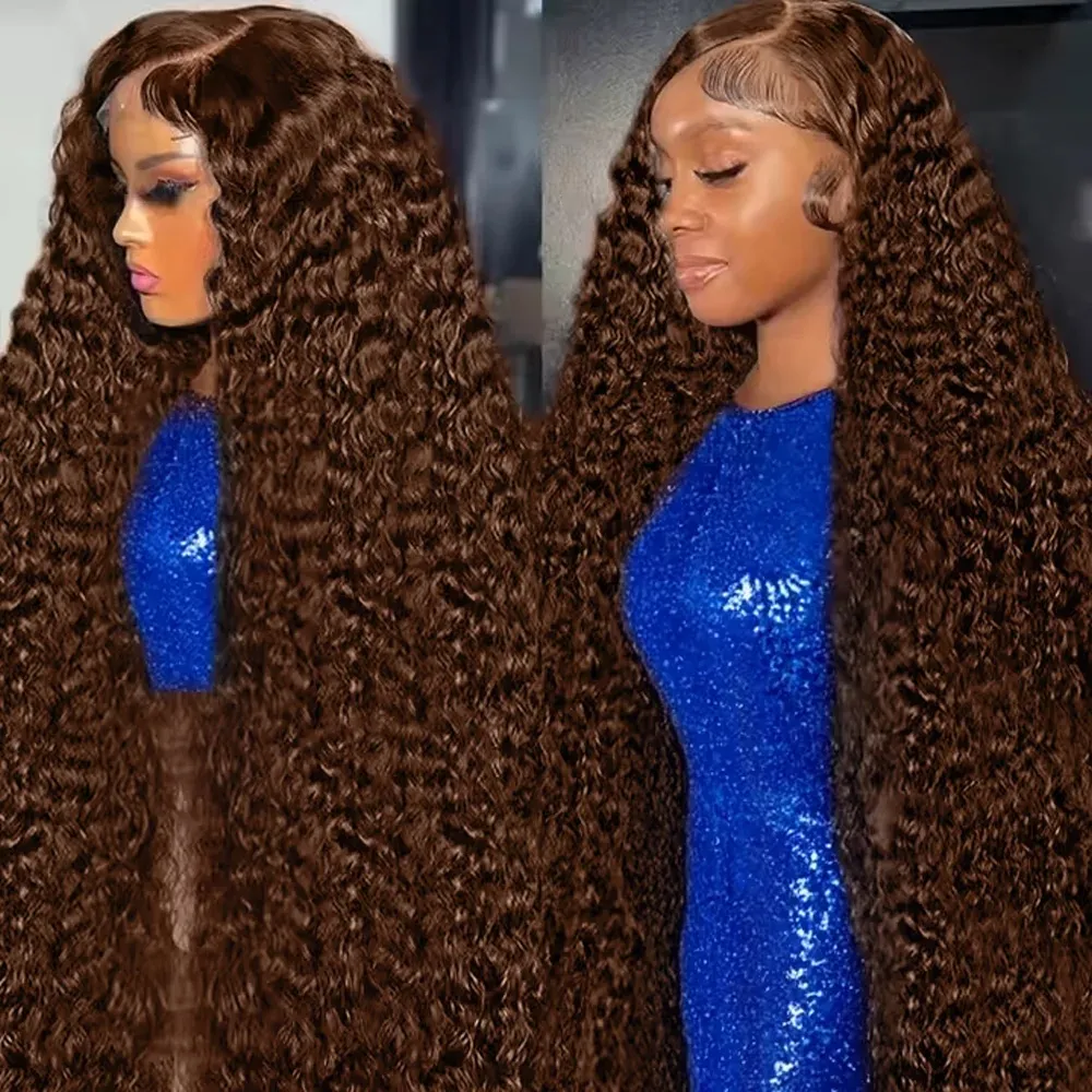 Peruvian Brown Deep Wave Lace Front Wig Human Hair 180% Density Curly ...