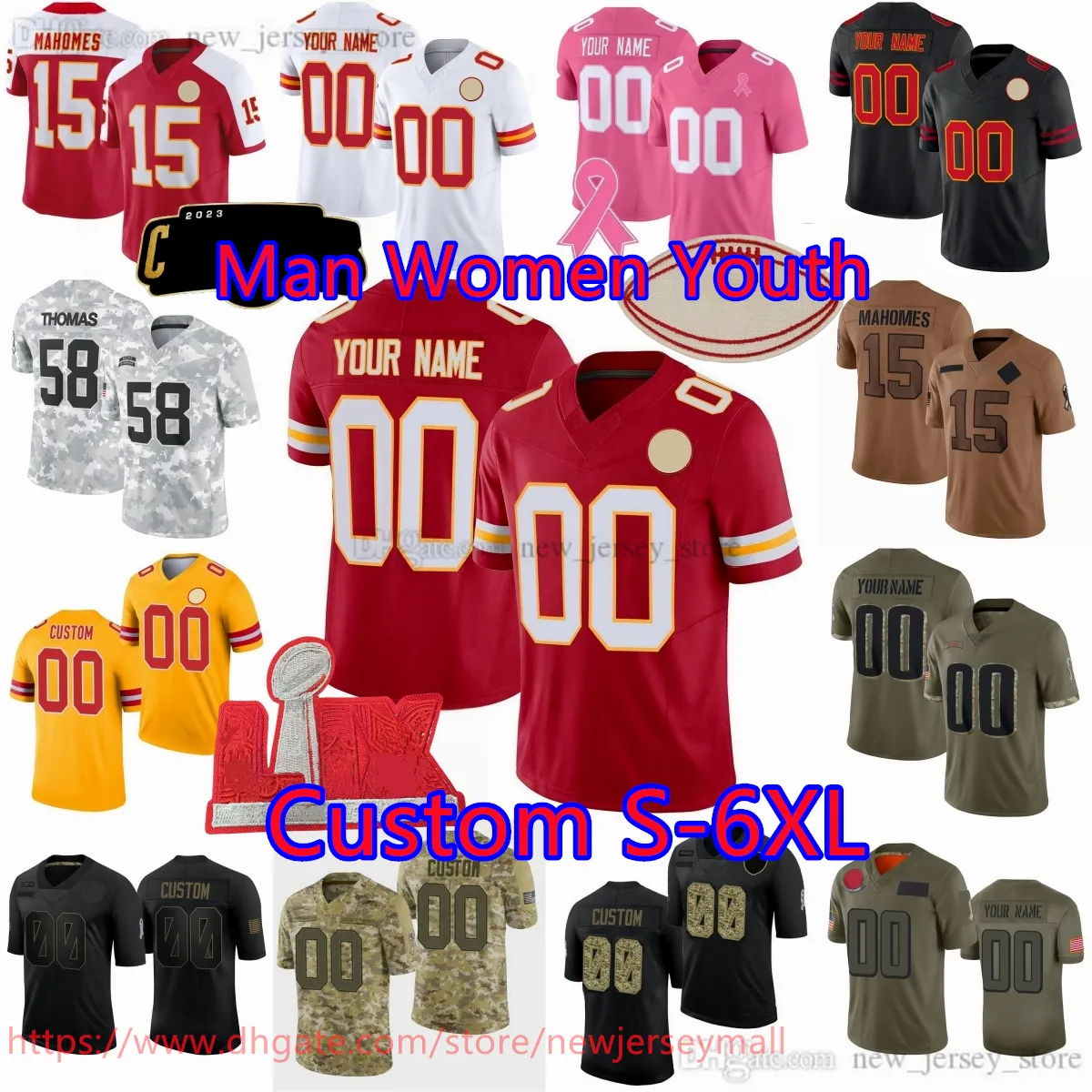 Custom DIY Football 15 Patrick Mahomes Jersey S 6XL 10 Isiah Pacheco 1 ...