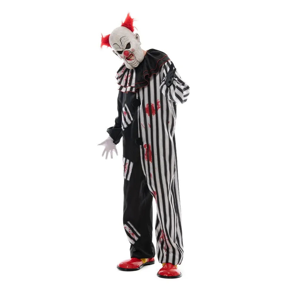 Creepy Clown Mask Costume: Men's Halloween Jumpsuit Bloody Circus Clown ...