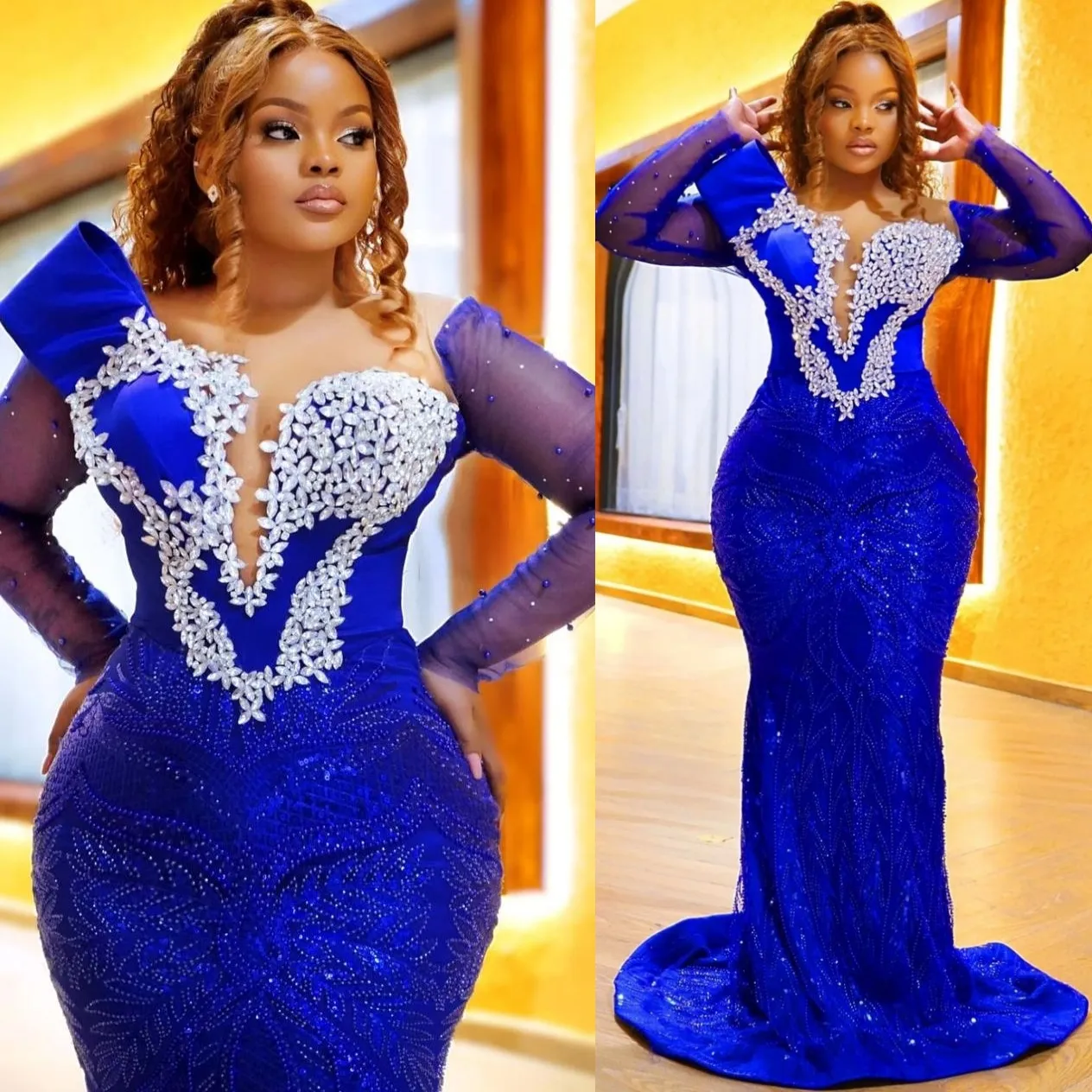 Royal Blue Sequined Mermaid Blue Sparkly Prom Dress With Full Sleeves Perfect For Evening Formal ...
