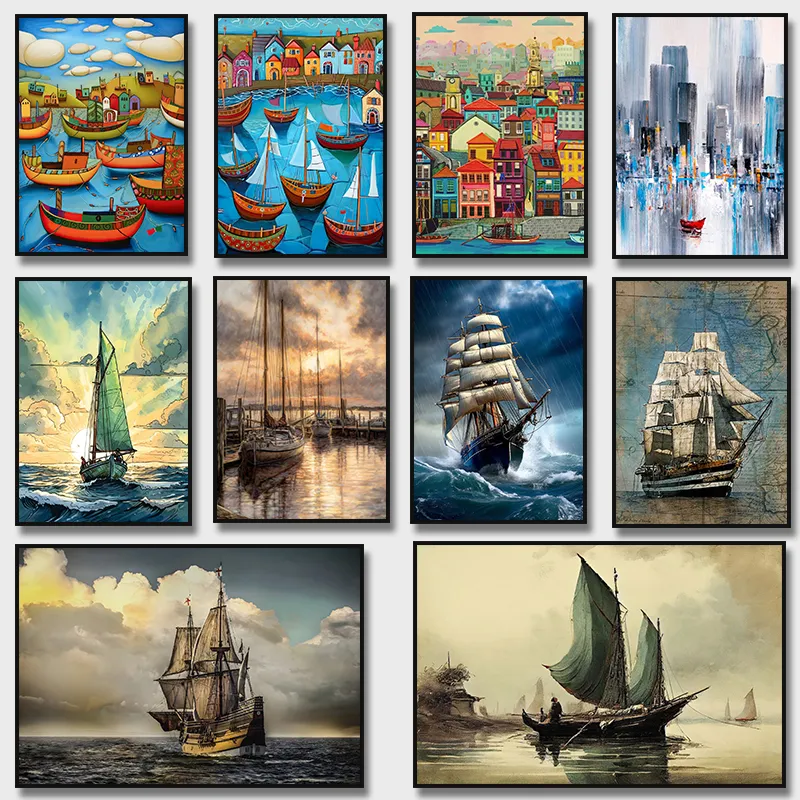 Vintage Sail Boat Canvas Wall Art Ocean Sailing Landscape Print For ...