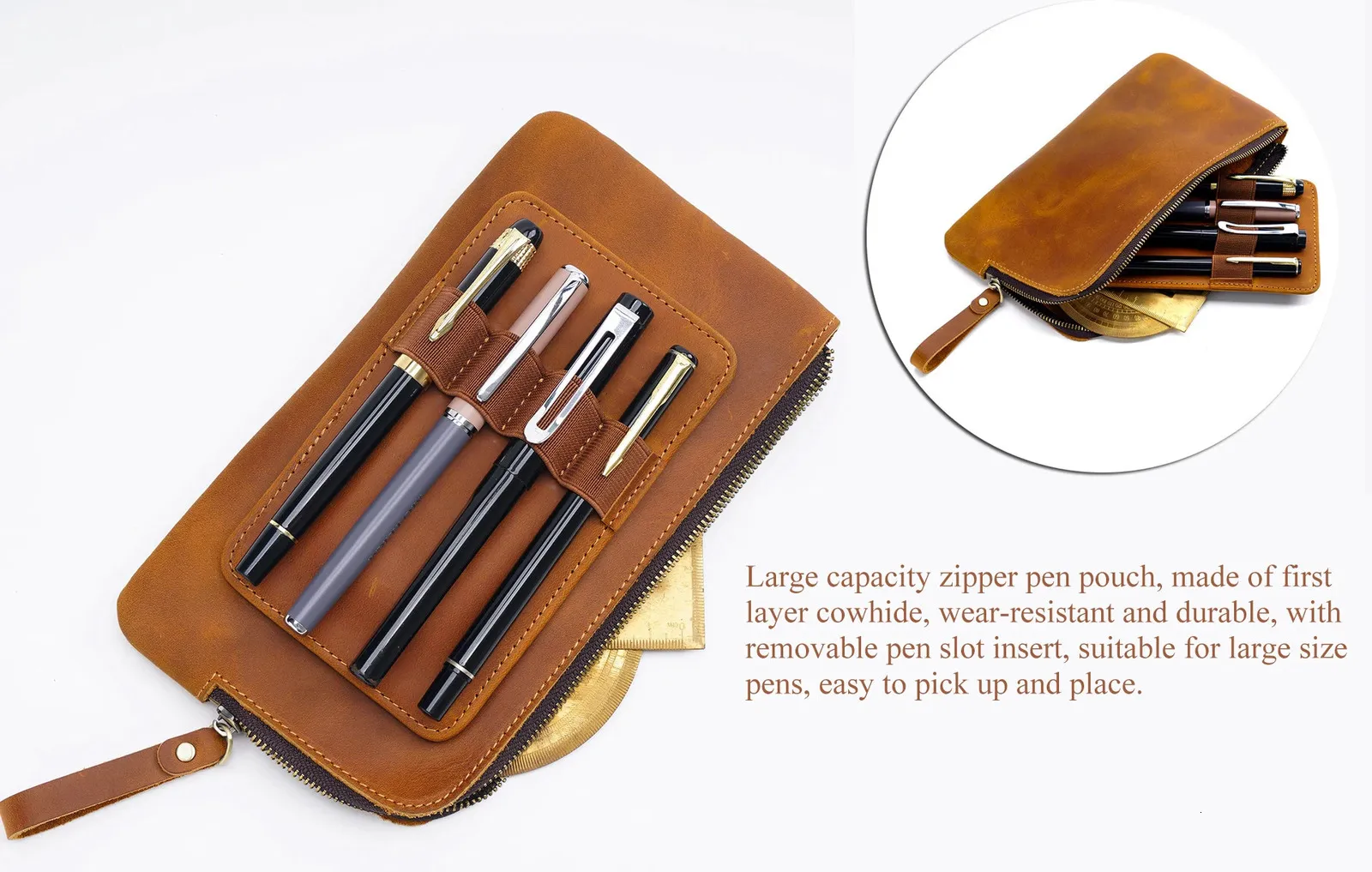 Handmade Leather Zipper Pen Case for Men and Women, Vintage Pen Pouch ...