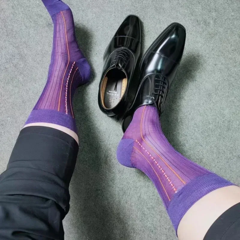 Purple Men's Dress Socks High Tube Crew Length Thin Nylon Silk Blend ...