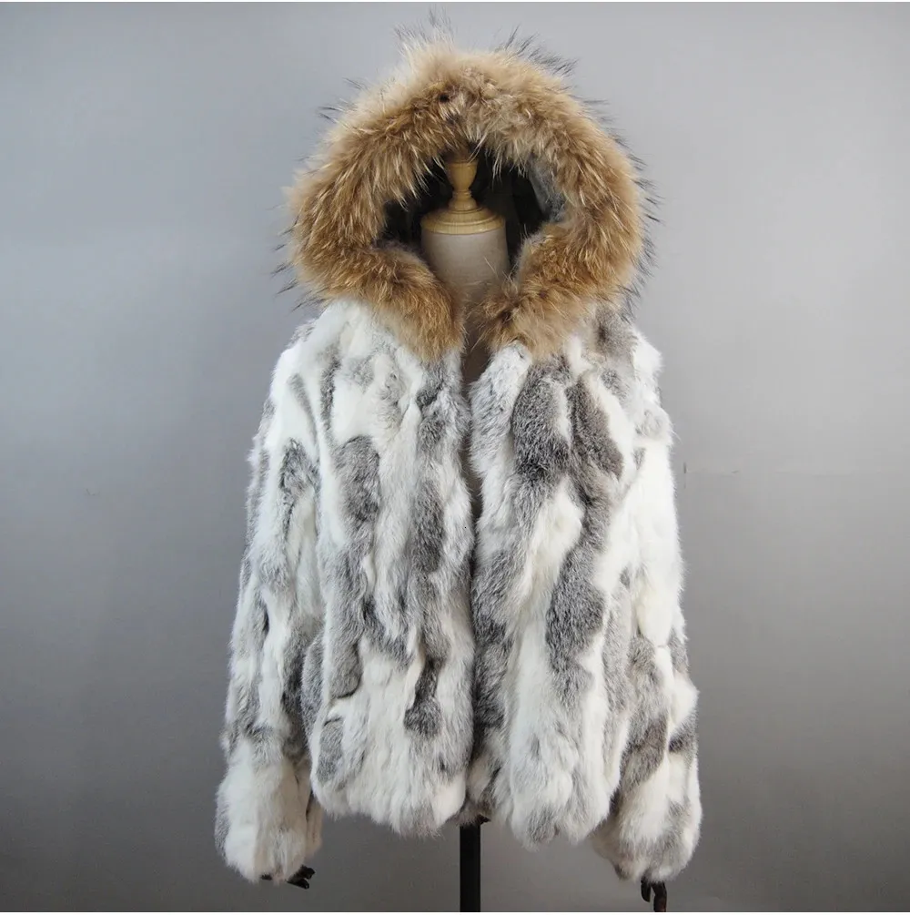Rabbit Fur Hooded Coat with Raccoon Collar - Premium Women's Winter ...