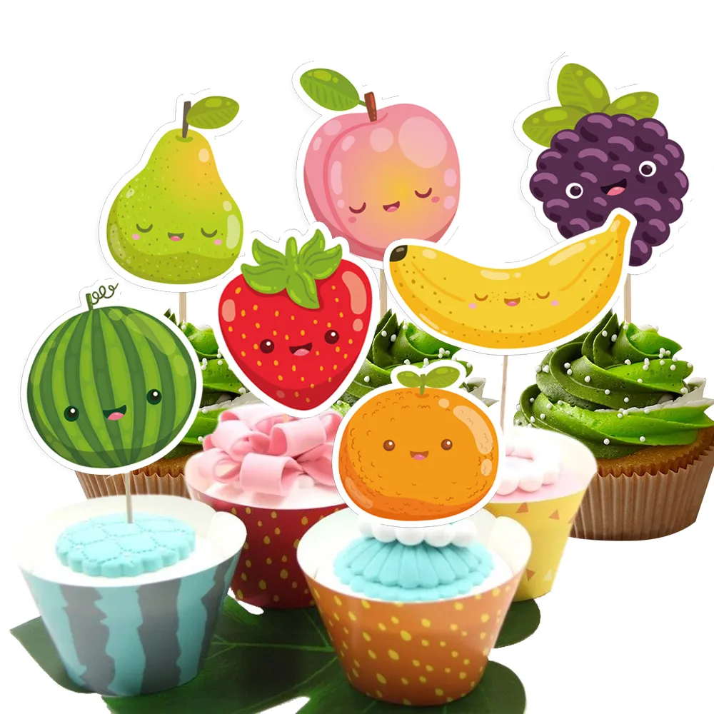 Fruit Cake Toppers Strawberry, Watermelon, Smiling Face Cupcake ...