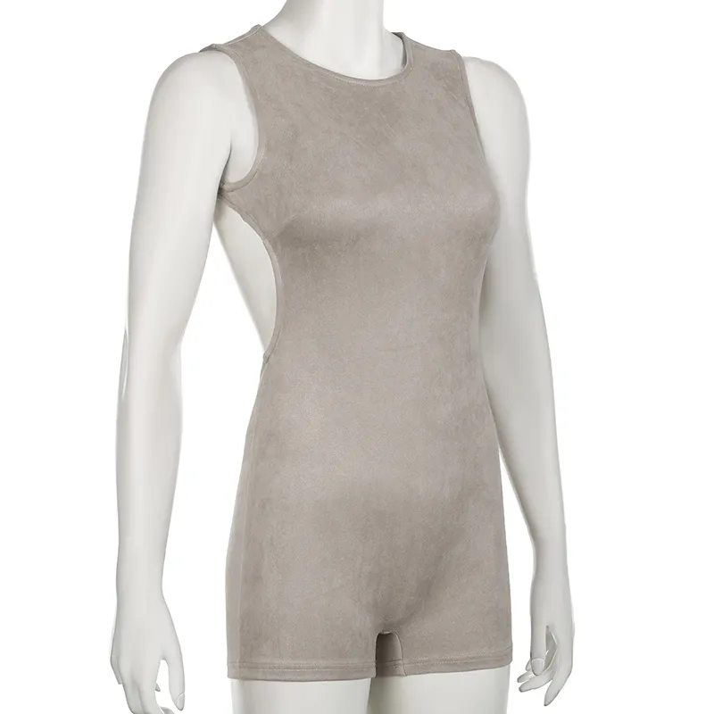 Khaki Backless Suede Short Rompers Women Casual Sleeveless Slim Fit ...