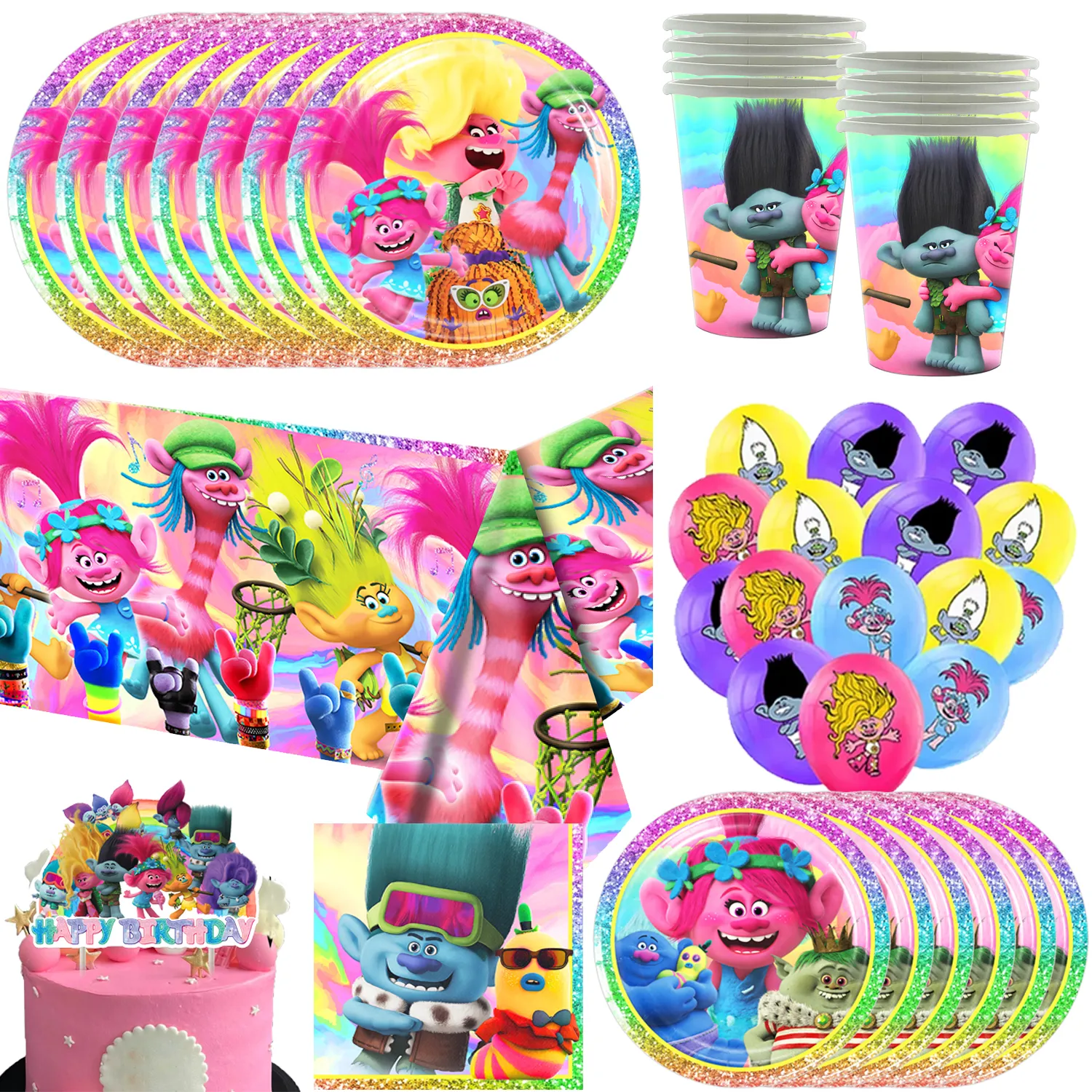 Anime Trolls Theme Party Set Grinch Ornaments With Magic Hair Tableware ...