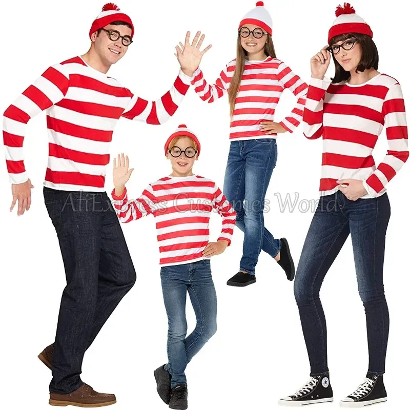 Where's Waldo Costume Red & White Striped Shirt, Glasses, Hat For ...