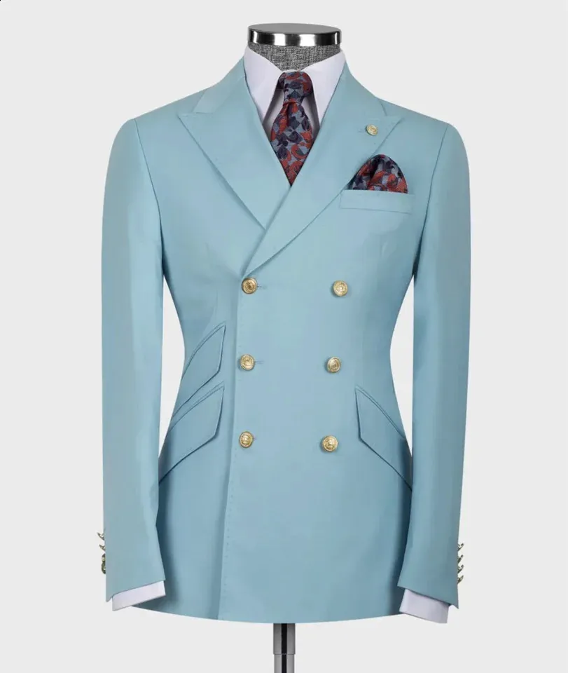 Sky Blue Mens Suit Classic 6 Button Slim Fit Double Breasted Jacket ...