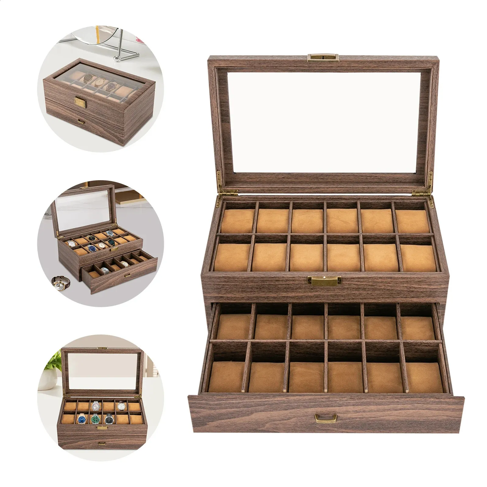 Wood Watch Box For Men, 2 Tier Wooden Wrist Watch Collection Box With ...
