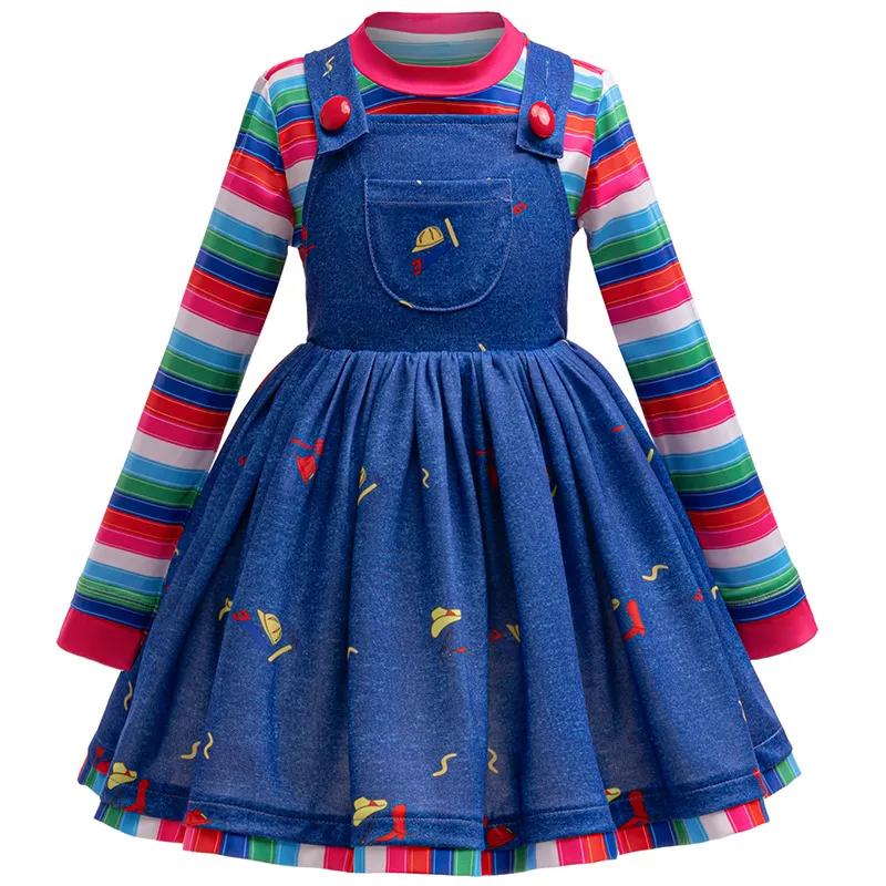 Chucky Doll Cosplay Costume For Kids Striped Top And Printed Suspender ...