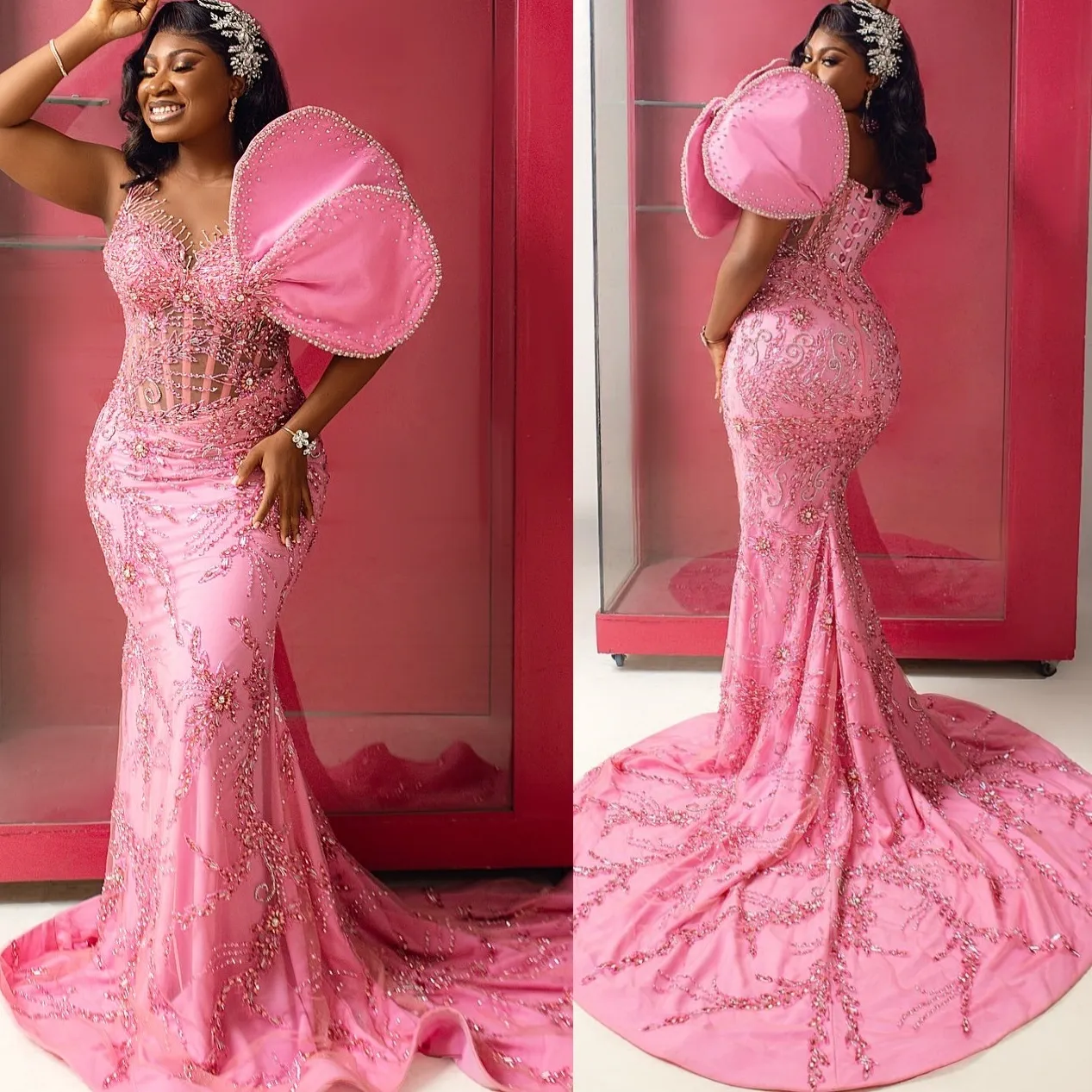 Pink Mermaid pink prom dress with Beaded Crystals, Florals, and ...