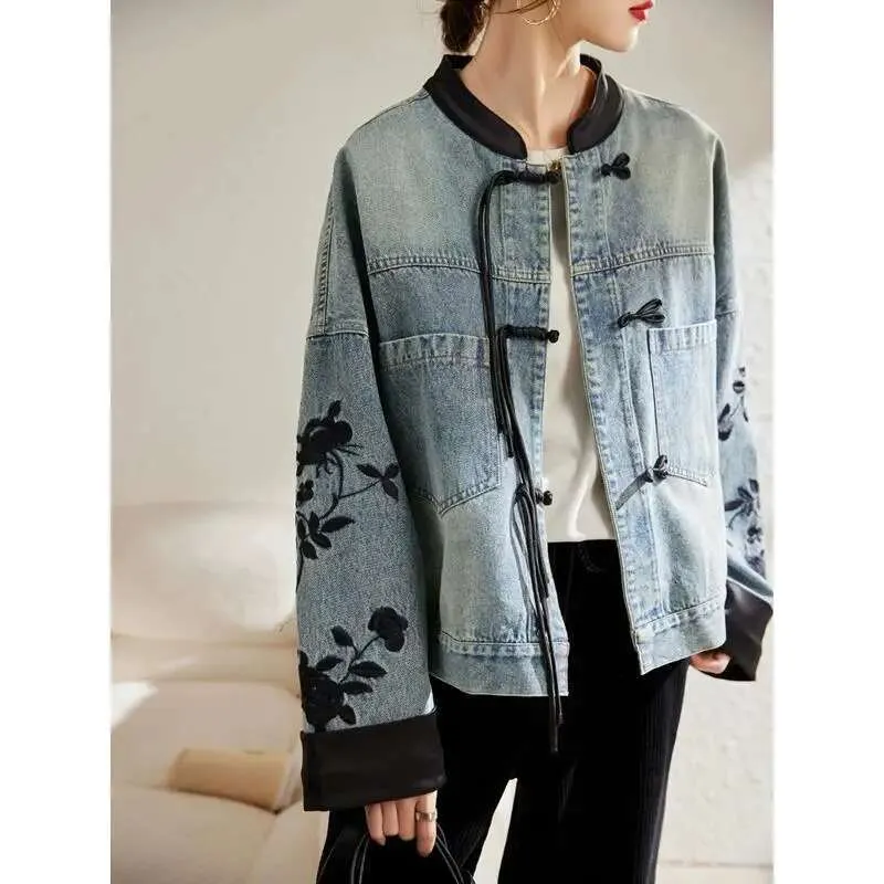 Denim Jacket Women Chinese Style Stand Collar, Embroidery, Long Sleeve ...