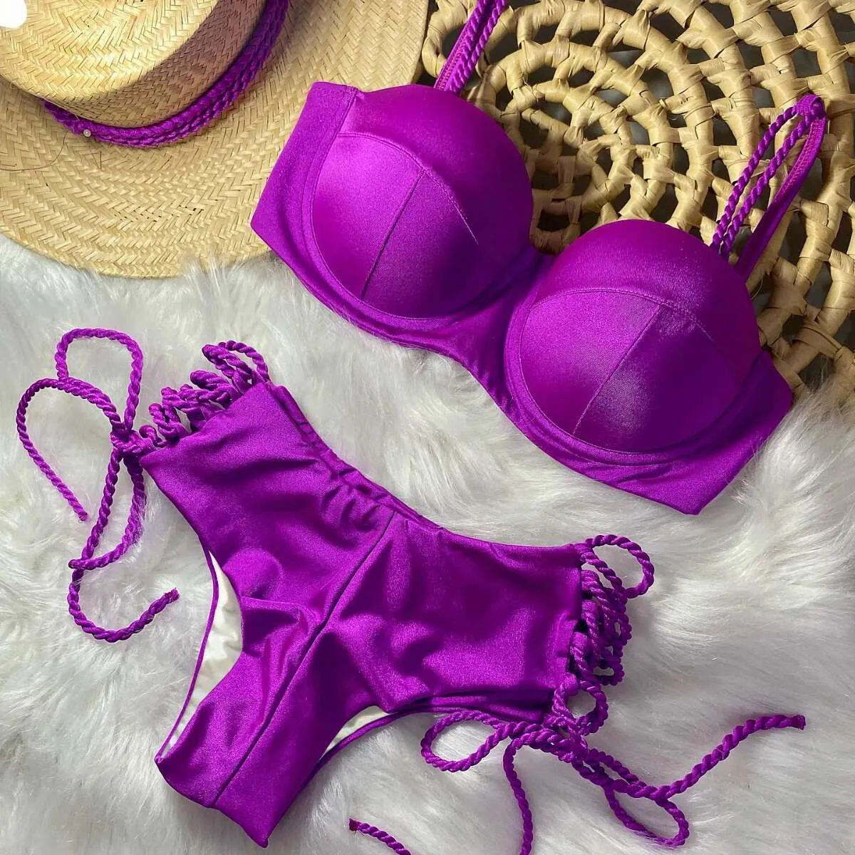 Push Up Bikini Set High Waisted Shiny Swimwear Solid Brazilian Style ...
