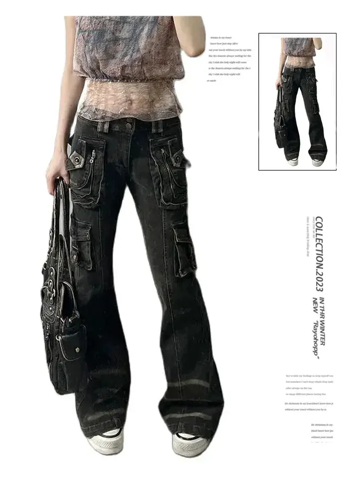 Black Gothic Y2K Women's Baggy Cargo Jeans Baggy Aesthetic Denim Trousers For Harajuku ...