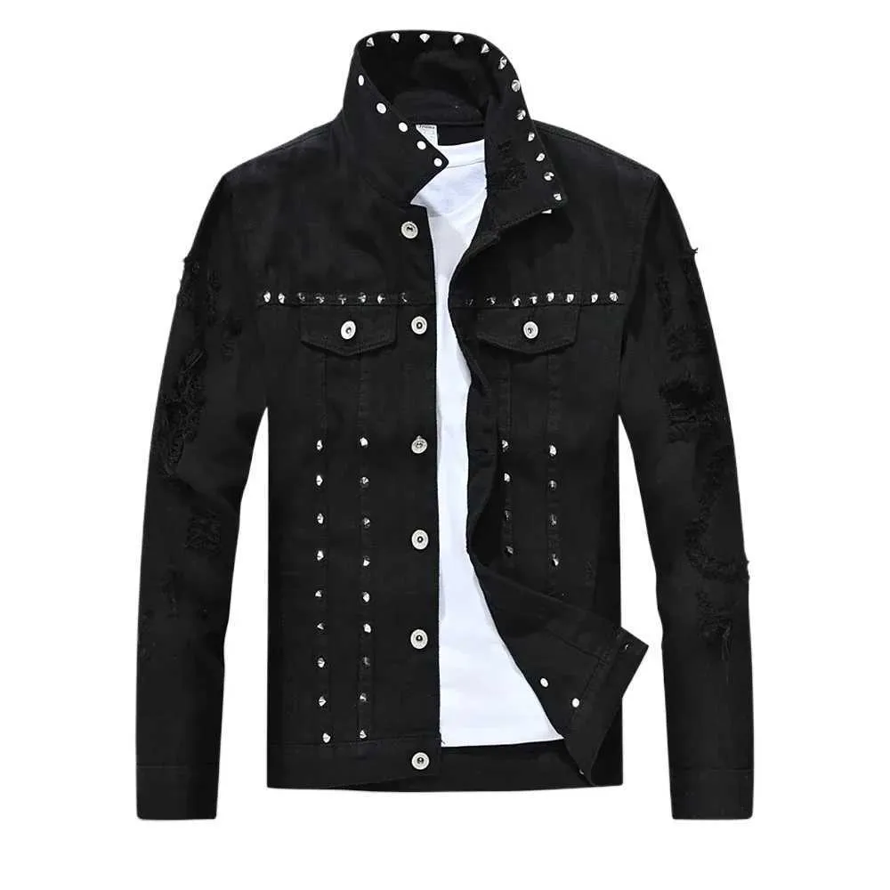 Mens Fashion Punk Jeans Jacket With Rivets High Street Ripped Denim ...