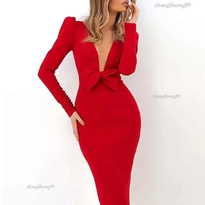 Sexy Women Bodycon Midi Dress Long Puff Sleeve, Deep V Neck, Bow Detail ...