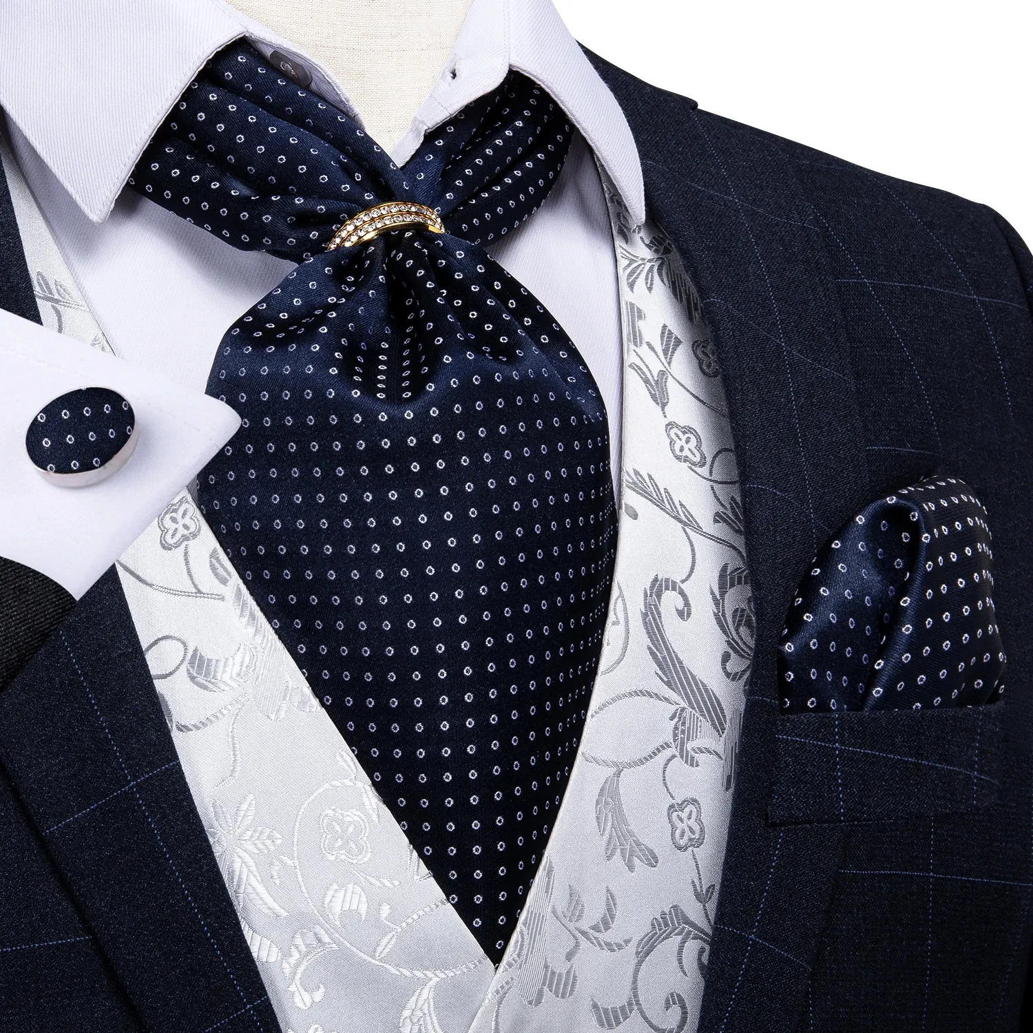 Men Silk Cravat Navy Dot Formal Ascot Tie Handkerchief Set With Ring ...