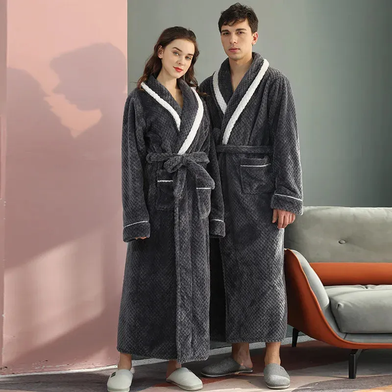 Warm Couple's Flannel Bathrobe Set - Plush Long Robe with Pockets ...