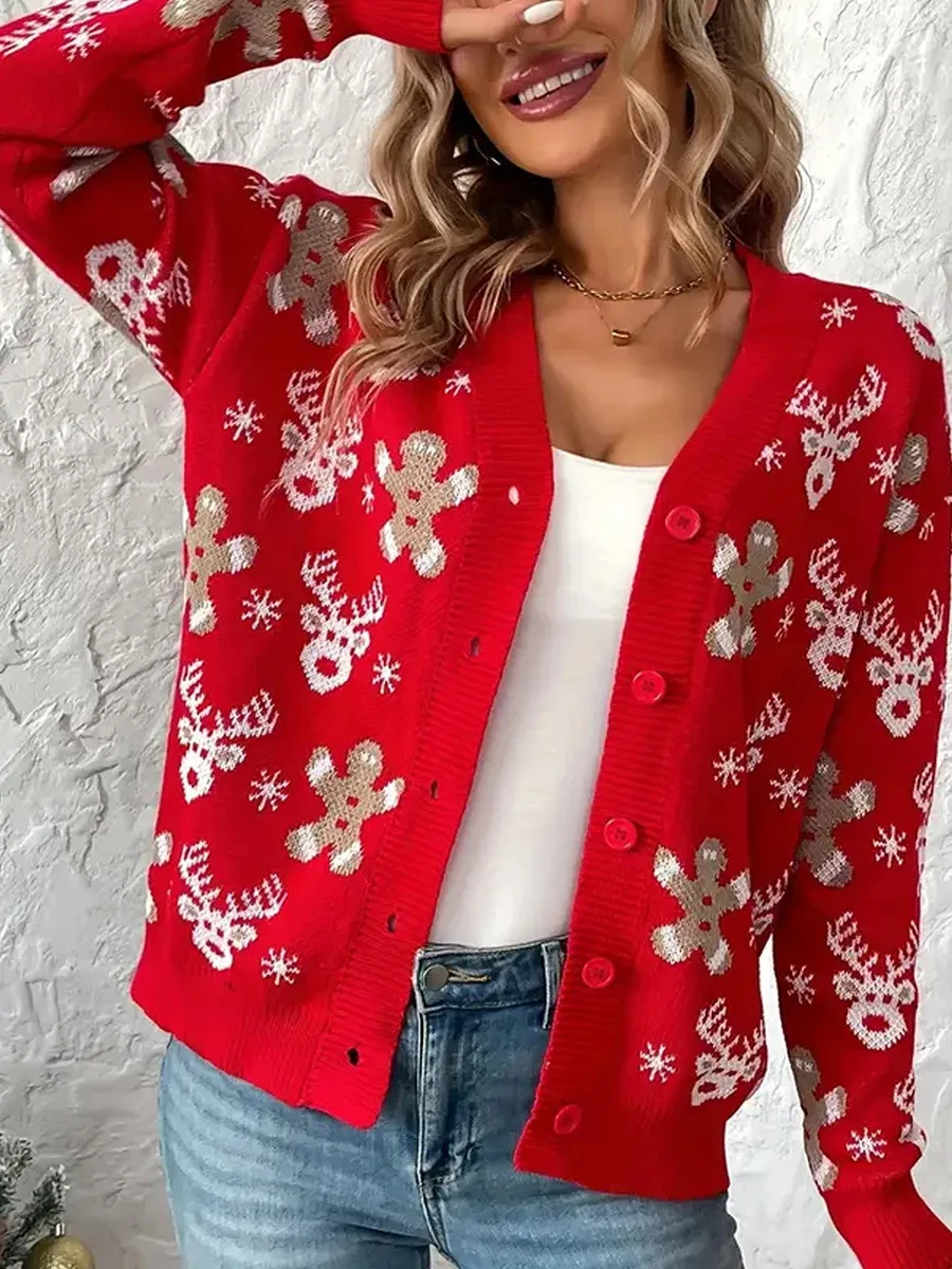 Women's Christmas Sweater Cardigan, Long Sleeve V-Neck Button Up, Elk ...