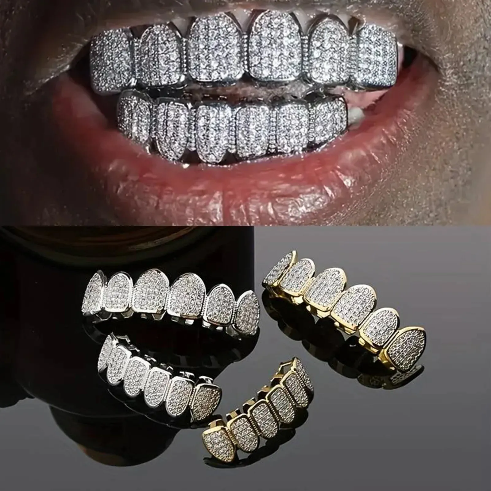 Hiphop CZ Teeth Set For Unisex Top Bottom Mouth Gold Silver Color Teeth ...